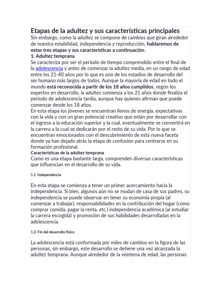 Etapas de La Adultez y Sus Características Principales | PDF | Adultos | Vejez