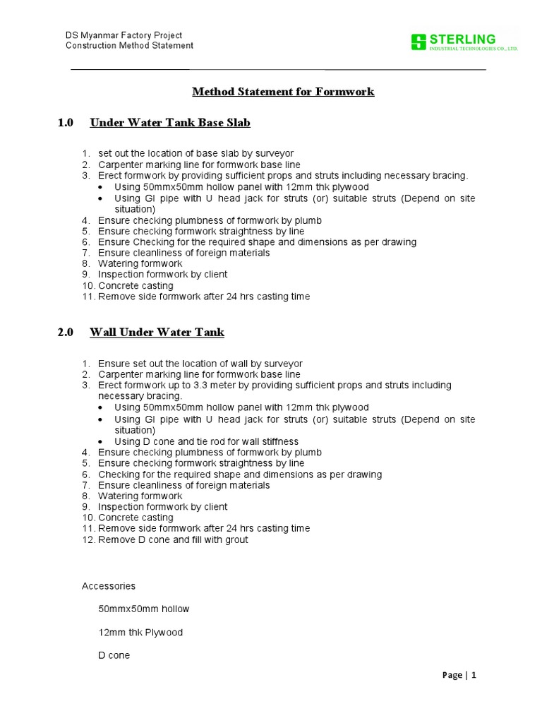 Water Tank Formwork Method Statement | PDF