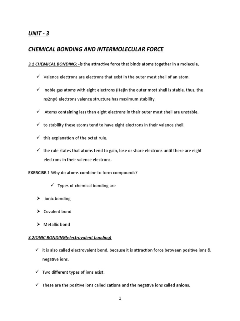 Unit - 3 Chemical Bonding and Intermolecular Force | PDF | Ion | Ionic ...