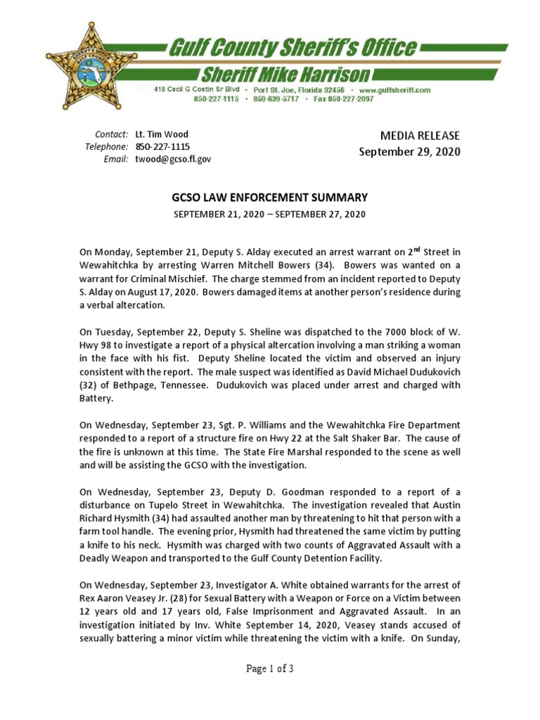 Gcso Law Enforcement Summary: Contact: Telephone: Email | PDF | Battery ...