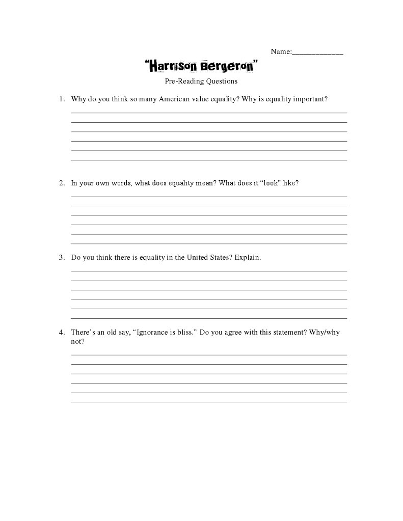 Pre-Reading Questions for "Harrison Bergeron" | PDF