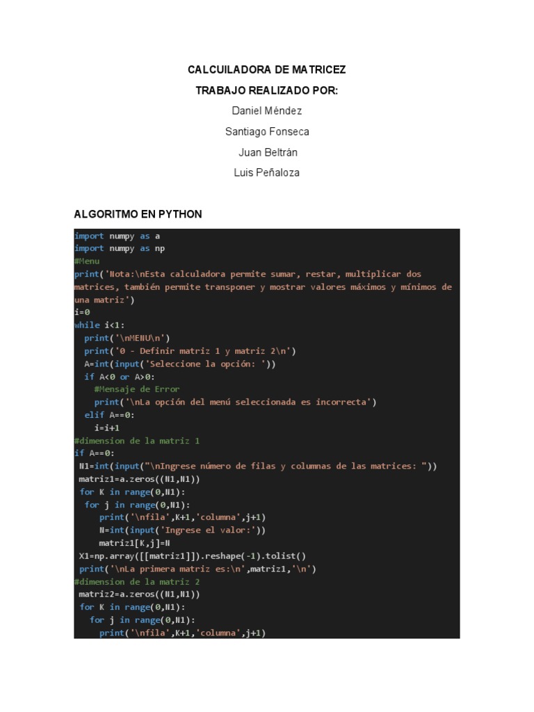 Proyecto Calculadora de Matrices | PDF | Matriz (Matemáticas) | Teoría ...