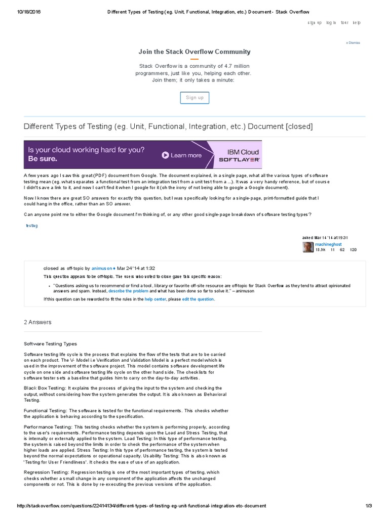 Different Types of Testing (Eg. Unit, Functional, Integration, Etc ...