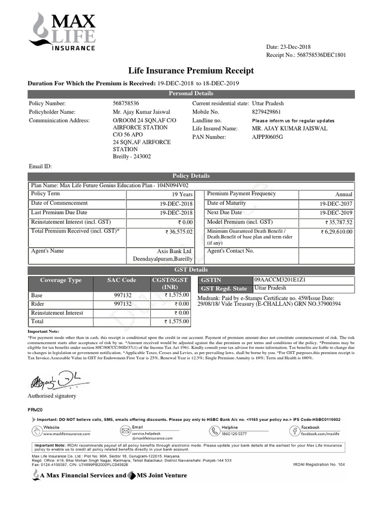 Premium Receipts PDF | PDF | Insurance | Life Insurance