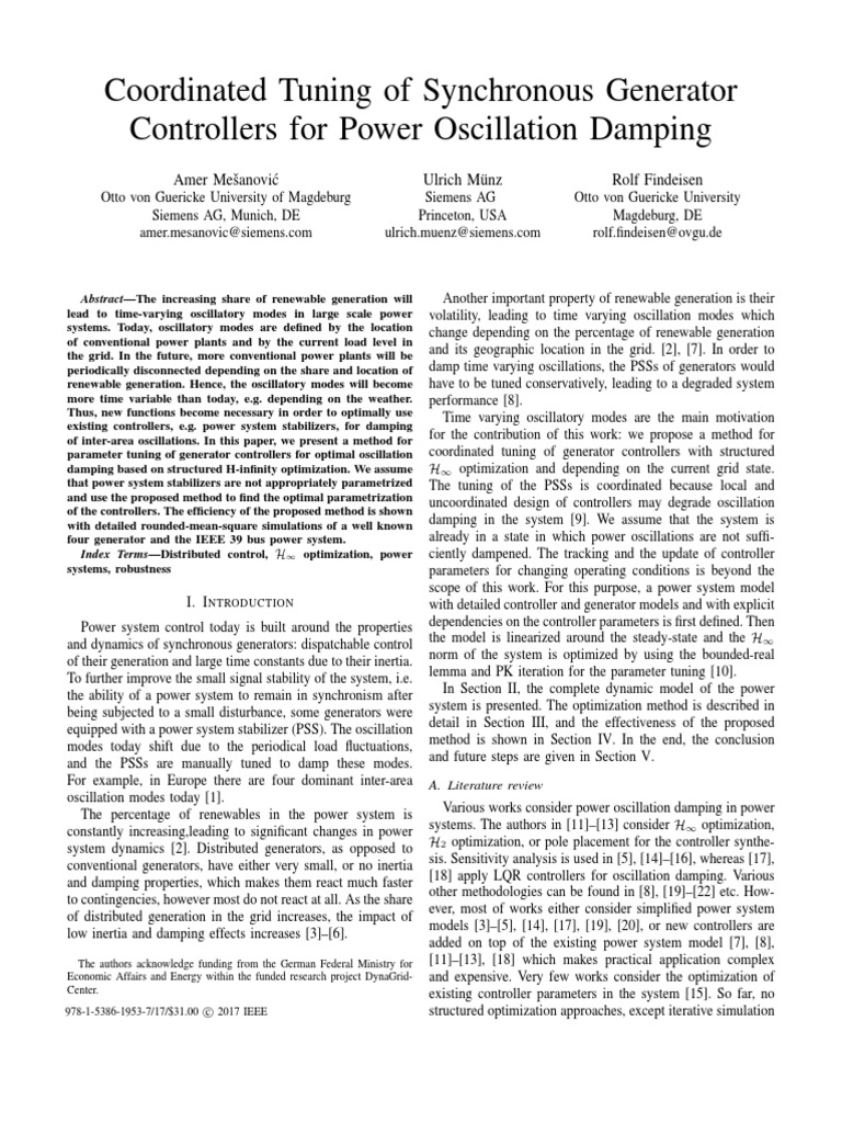Coordinated Tuning of Synchronous Generator Controllers For Power Oscillation Damping | PDF ...