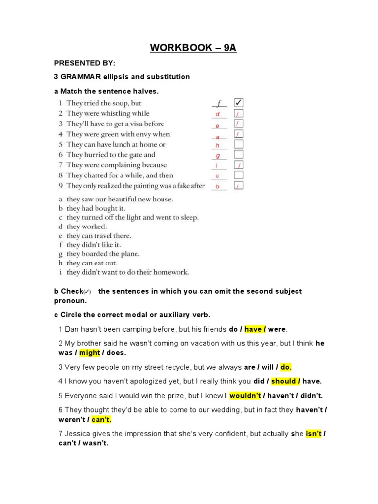 Workbook 9a-9b | PDF | Syntax | Grammar