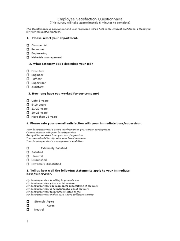 Employee Satisfaction Questionnaire | PDF | Job Satisfaction | Mentorship