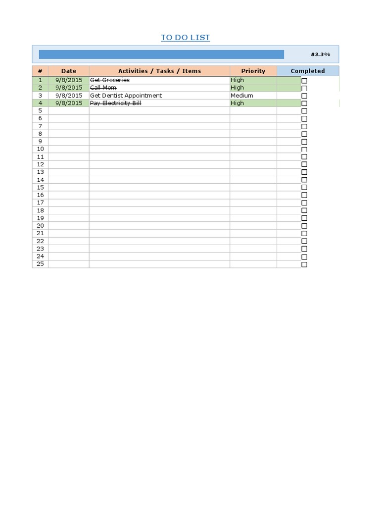 To Do List: # Date Activities / Tasks / Items Priority Completed | PDF