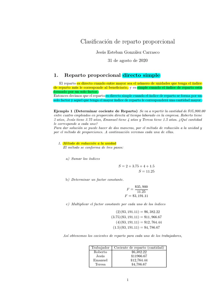 Reparto Proporcional Directo Simple y Compuesto | PDF | Enseñanza de ...