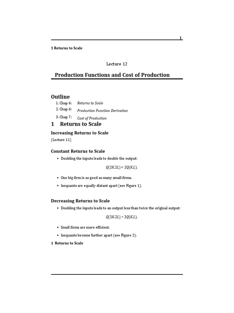 Production Functions and Cost of Production: 1 1 Returns To Scale ...