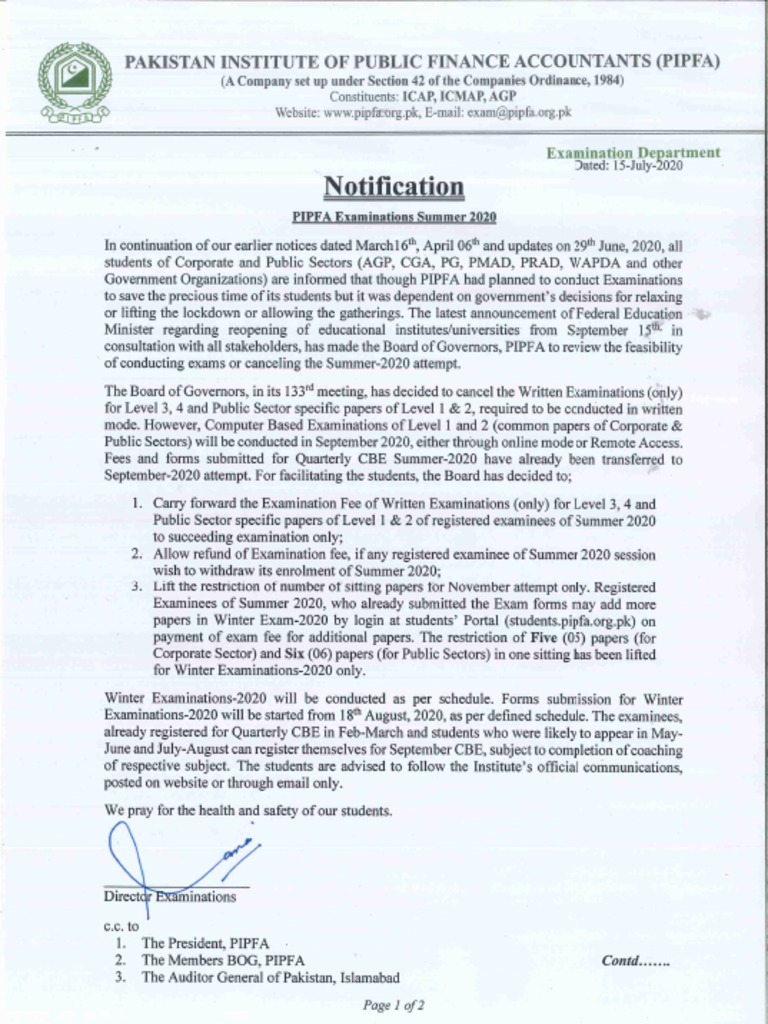 PIPFA Examinations Summer 2020 | PDF