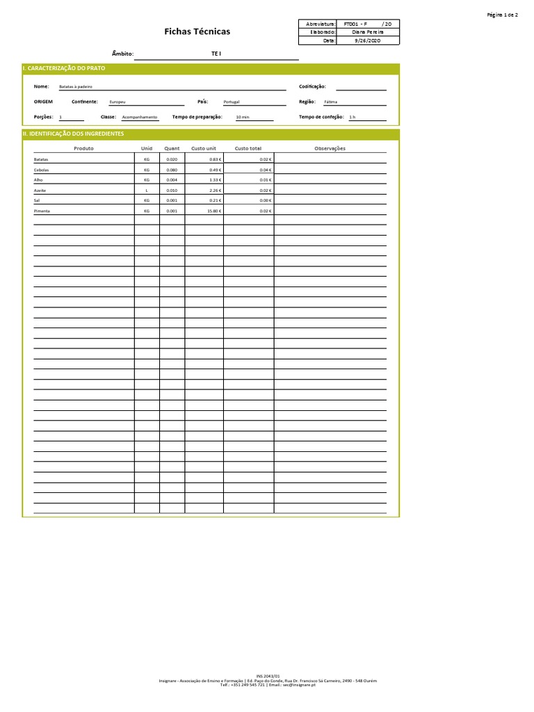 Ficha Técnica - Batatas À Padeiro | PDF | Alimentos | Ingredientes de ...
