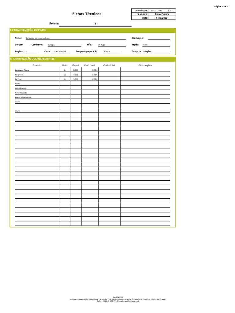 Ficha Tecnica Lombo de Porco Do Cachaço | PDF | Alimentos | Plantas ...