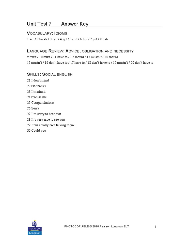 Unit Test 7 Answer Key | PDF