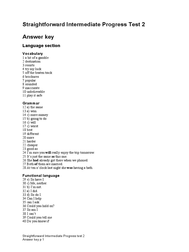 Straightforward Intermediate Progress Test 2 Answer Key: Language ...