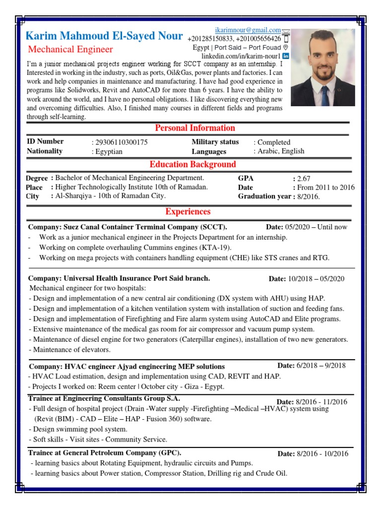 Karim Mahmoud El-Sayed Nour CV Mechanical Engineer | PDF | Pump | Engines