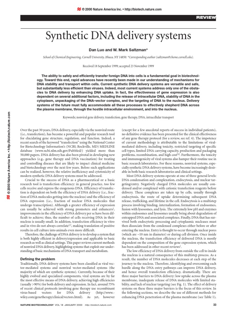 Synthetic DNA Delivery Systems - Review NatureBiotech 2000 | PDF ...