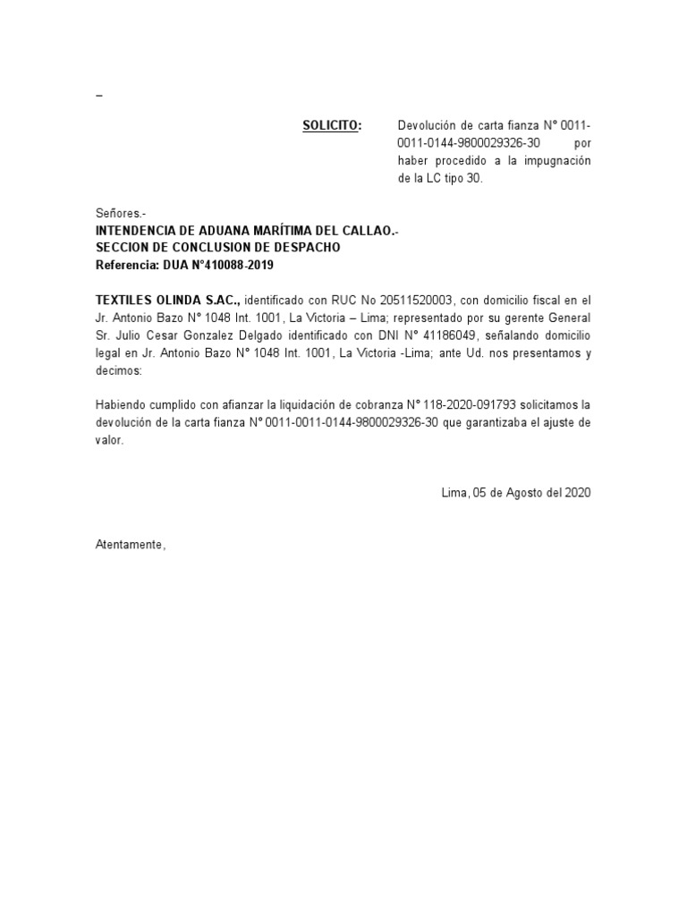 SOLICITUD DE DEVOLUCION Carta Fianza | PDF
