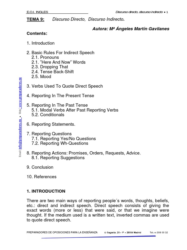 Tema 9-EOI-Ingles (Estilo Directo Indirecto) (WWW Preparadores Punto Eu | PDF | Syntactic ...