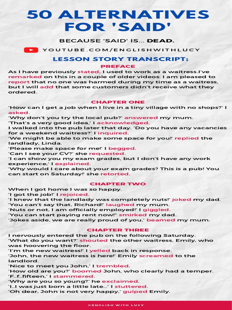 50 Alternatives For 'Said': Lesson Story Transcript | PDF | Stuttering ...