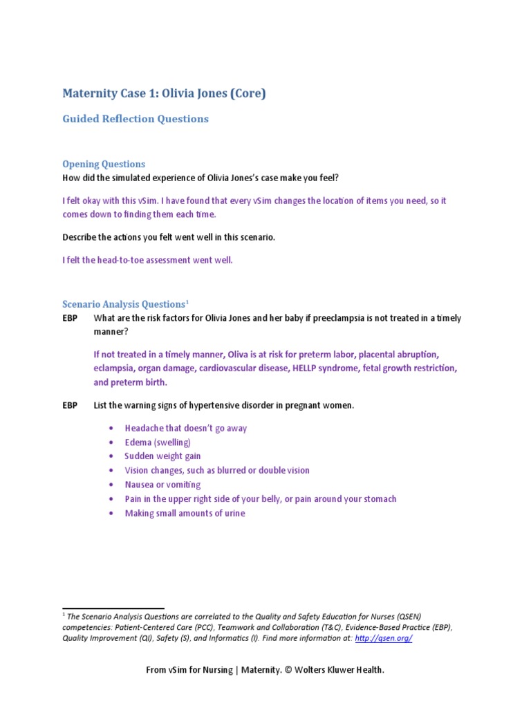 Maternity Case 1: Olivia Jones (Core) : Guided Reflection Questions ...