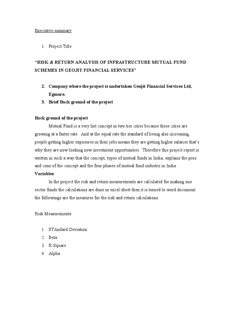 Risk & Return Analysis of Infrastructure Mutual Fund Schemes in Geojit ...