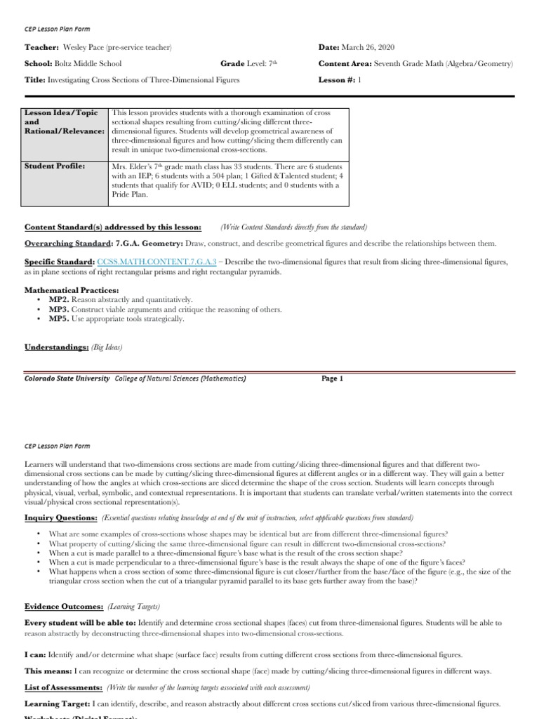 CEP Lesson Plan Form: Ccss - Math.Content.7.G.A.3 | PDF | Lesson Plan ...