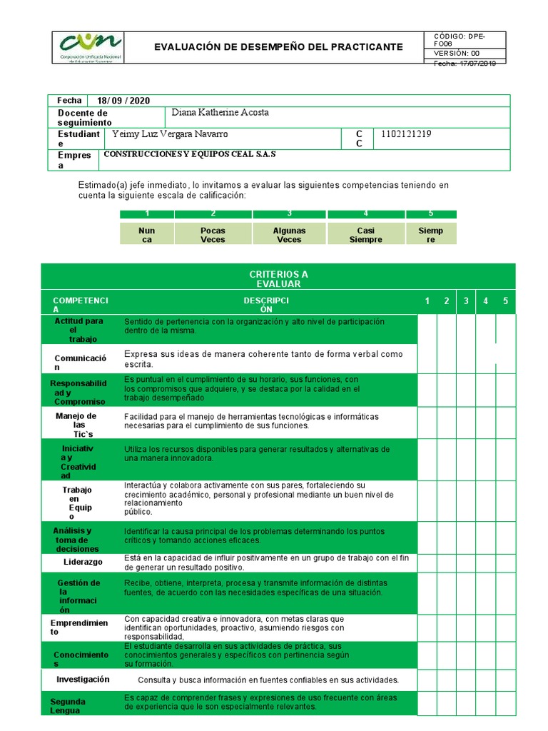 Formato Evaluacion de Desempeño Del Estudiante | PDF | Evaluación | Toma de decisiones