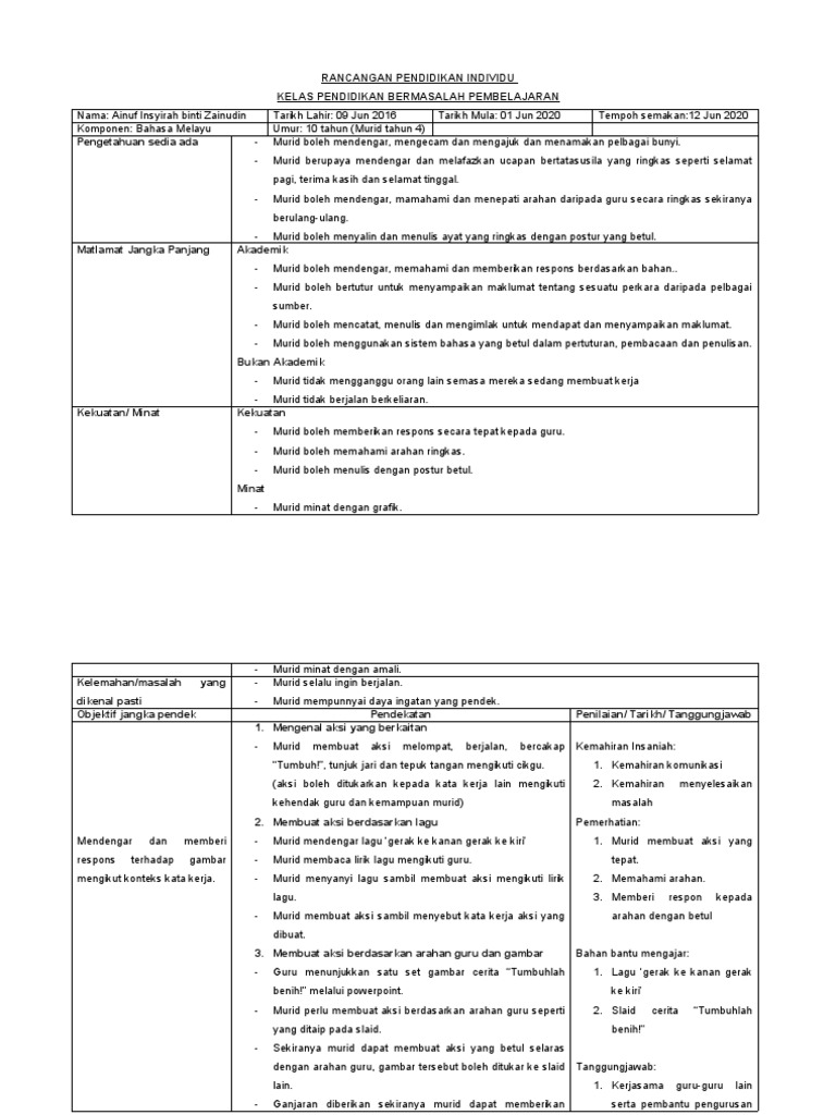 Contoh RPI - Rancangan Pendidikan Individu (Pend Inklusif) | PDF ...