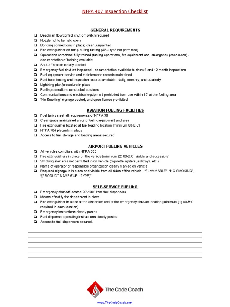 NFPA 407 Inspection Checklist: General Requirements | PDF | Technology ...