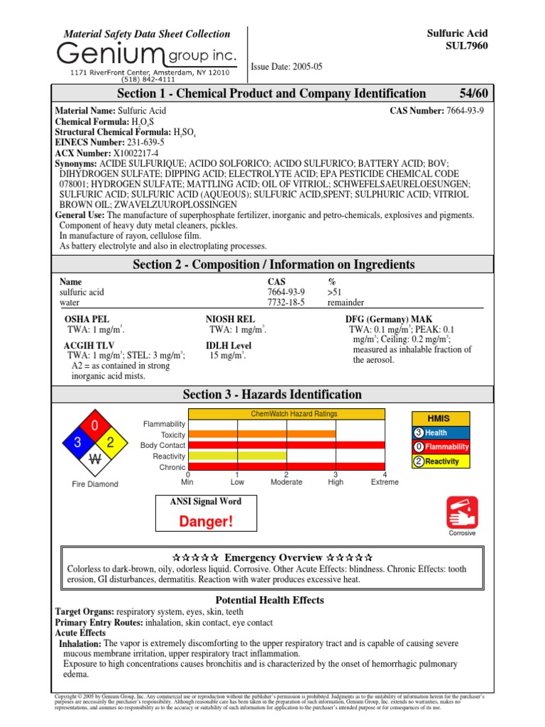 Sulphuric Acid MSDS | PDF | Sulfuric Acid | Occupational Safety And Health