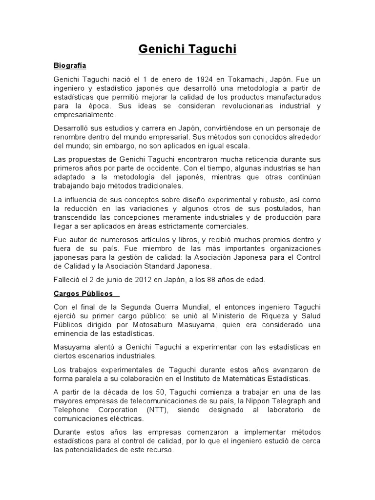 Genichi Taguchi: Innovador en Calidad | PDF | Calidad (comercial) | Diseño