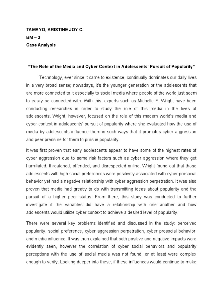 Tamayo, Kristine Joy C. BM - 3 Case Analysis | PDF | Adolescence ...