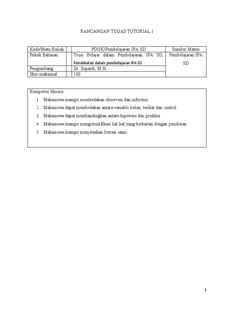 RANCANGAN TUGAS TUTORIAL Pembelajaran IPA | PDF | Karier & Perkembangan