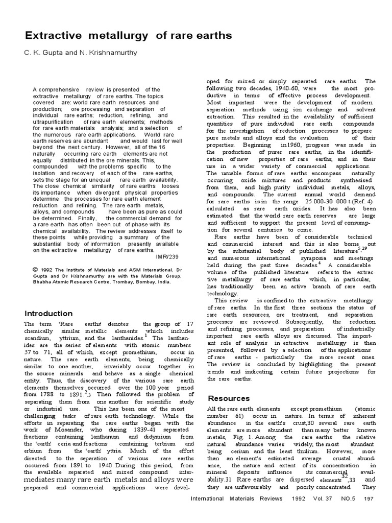 Extractive Metallurgy of Rare Earths: C. K. Gupta and N. Krishnamurthy ...