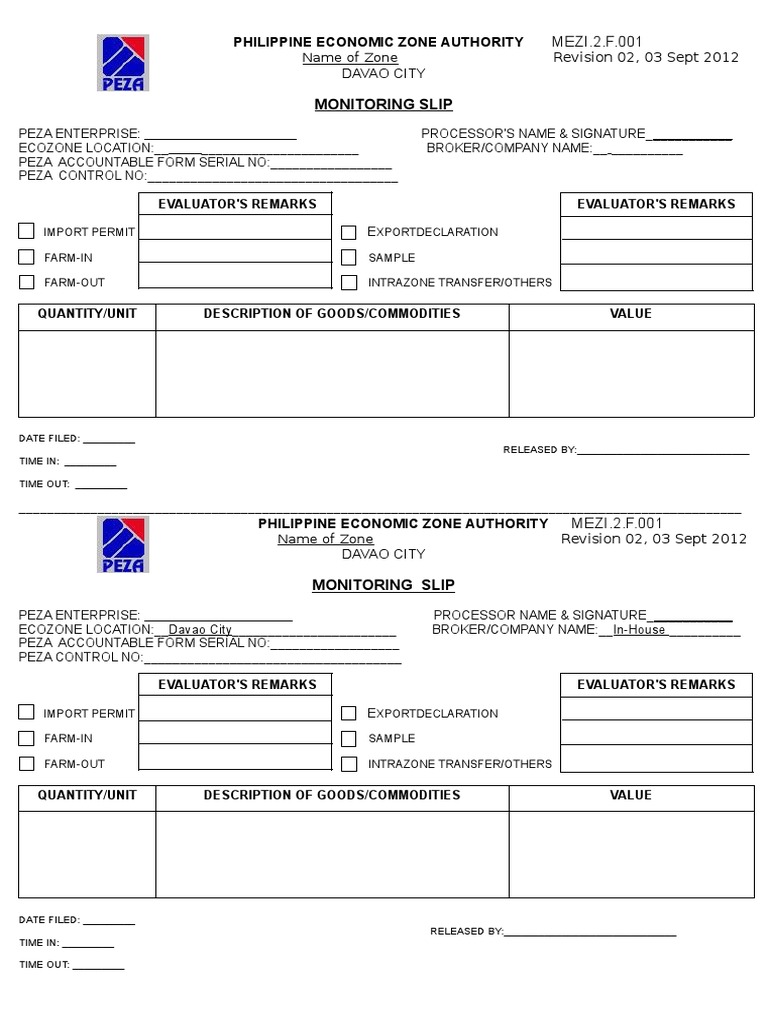 Monitoring Slip: Philippine Economic Zone Authority | PDF