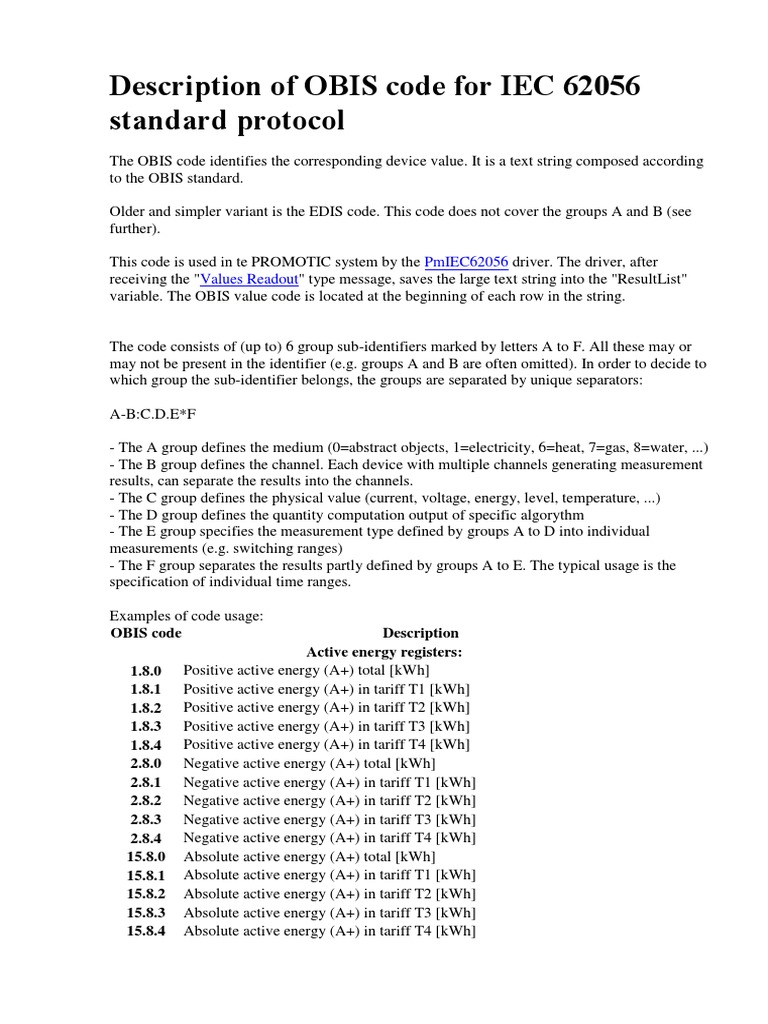 Description of Obis Code For Iec 62056 Standard Protocol: Pmiec62056 ...