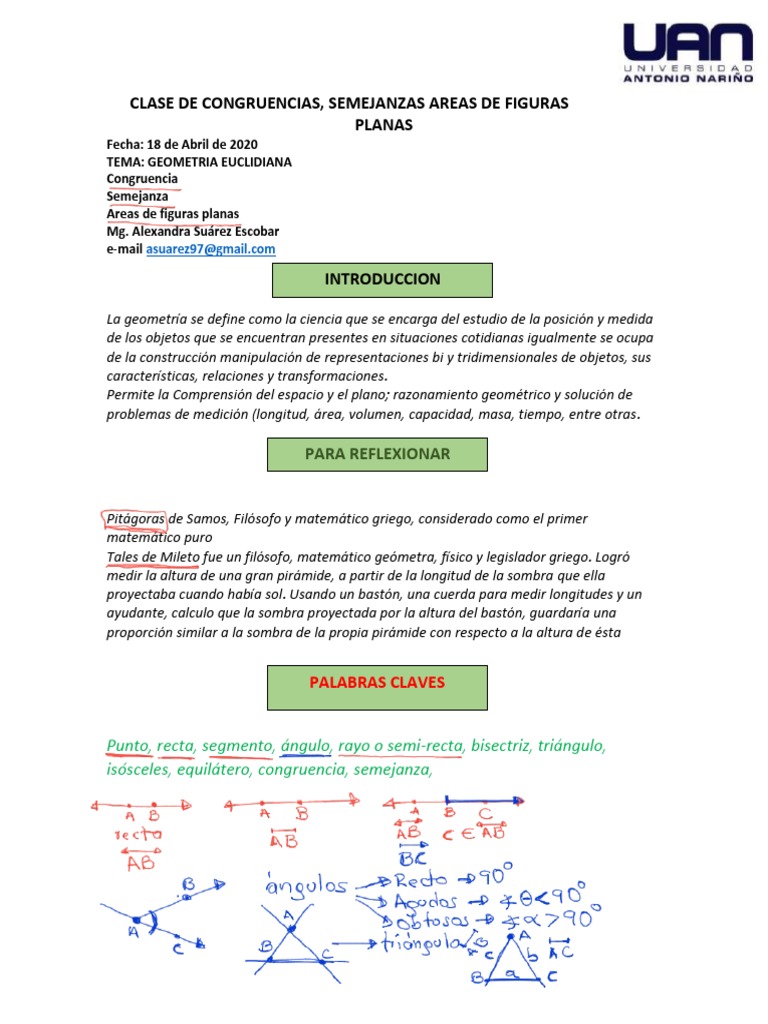 18 de Abril. Notas de Clase Congruencias, Semejanzas y Areas (1) Presencial | PDF | Triángulo ...