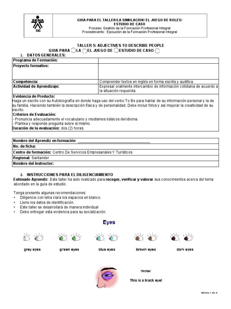 Taller de Adjetivos para Describir Personas | PDF | Evaluación ...