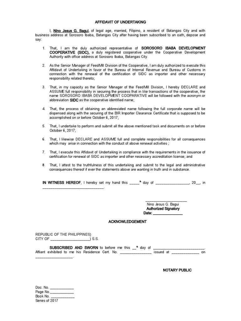 Affidavit of Undertaking | PDF | Affidavit | Civil Law (Common Law)