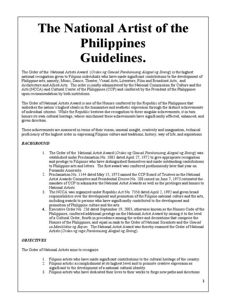 The National Artist of The Philippines Guidelines.: Background | PDF ...