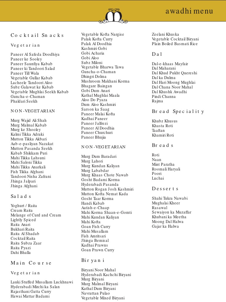 Awadhi Menu | PDF | Foods | Food And Drink Preparation