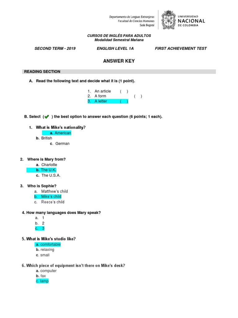 1A FIRST ACHIEVEMENT TEST Answer Key - 2019-SM2 | PDF | California ...