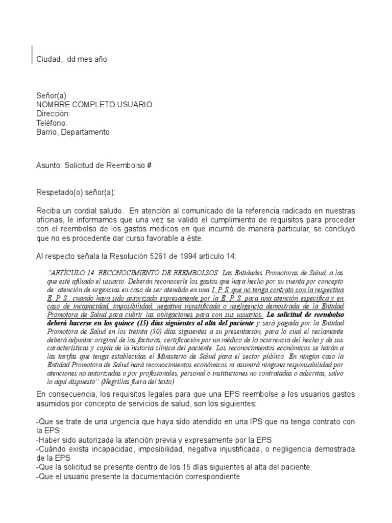 Formato Rechazo Reembolsos | PDF | Gobierno | Cuidado de salud del gobierno