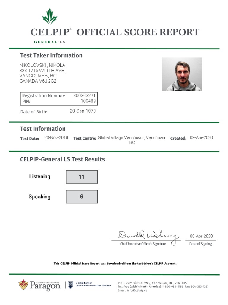 CELPIP Score Report for Nikola Nikolovski | PDF