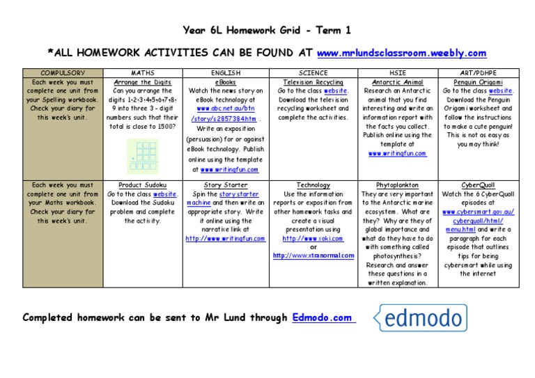 Homework Grid Term 1 | PDF