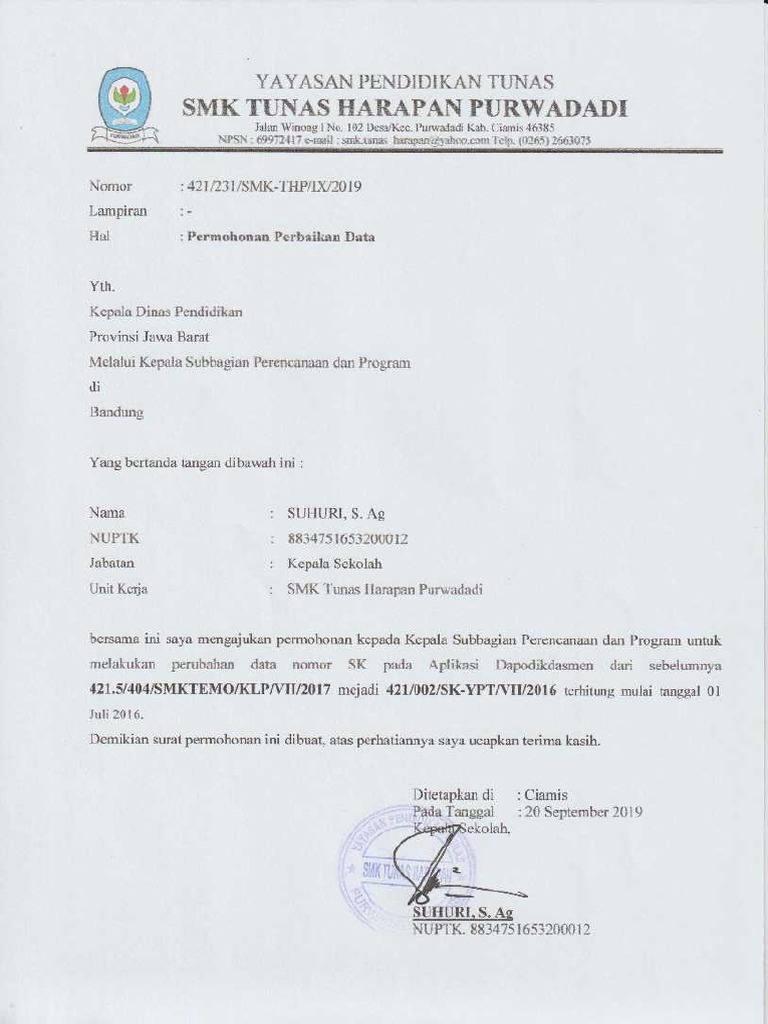 Surat Permohonan Perbaikan Data Dapodik | PDF