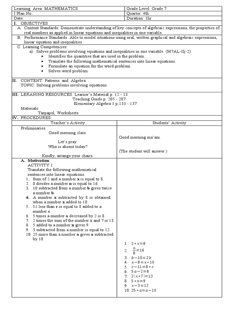 Lesson Plan | PDF | Equations | Teaching Mathematics