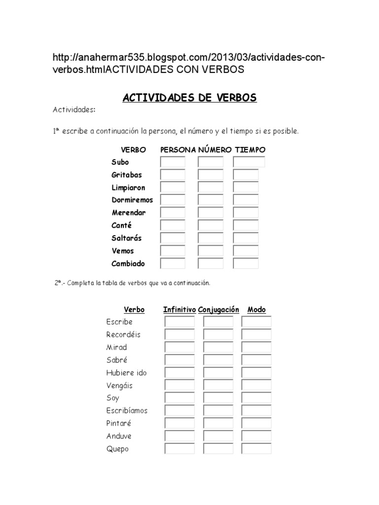 Actividades de Verbos para Sexto Grado | PDF | Verbo | Conjugación ...