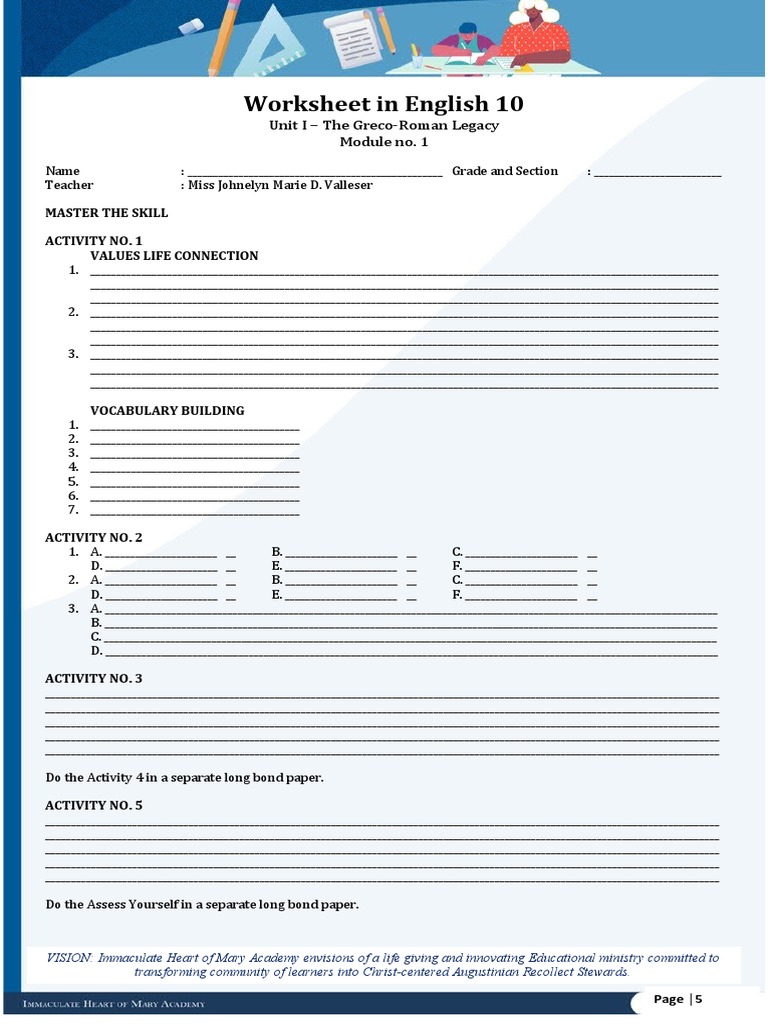 Worksheet in English 10: Unit I - The Greco-Roman Legacy Module No. 1 ...